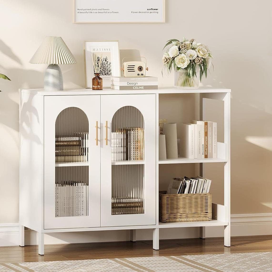 Ebern Designs 40" Storage Cabinet with Open Shelves,Freestanding Storage Cabinet with Doors,2 ...